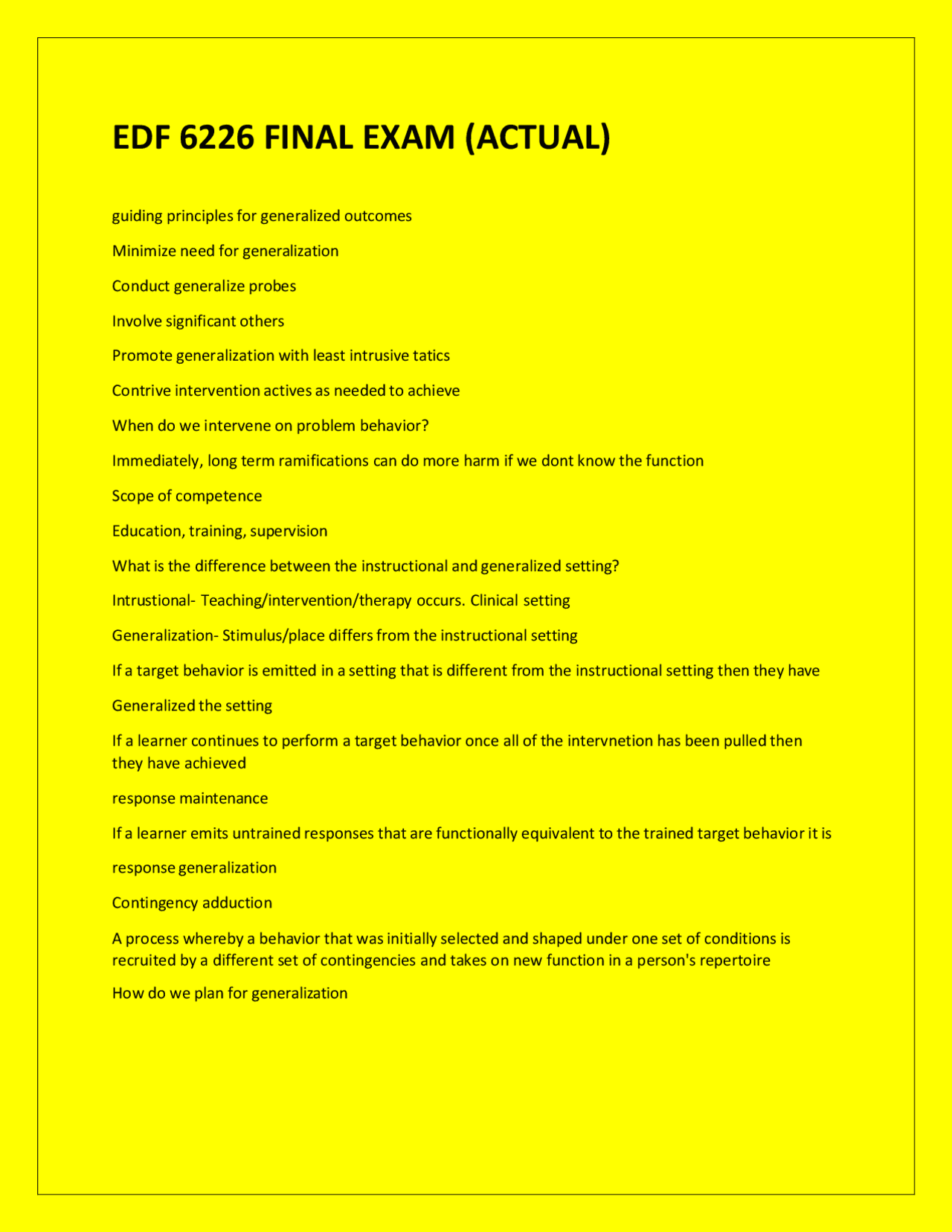 EDF 6226 Final Exam: Generalization and Ethics in Applied Behavior ...