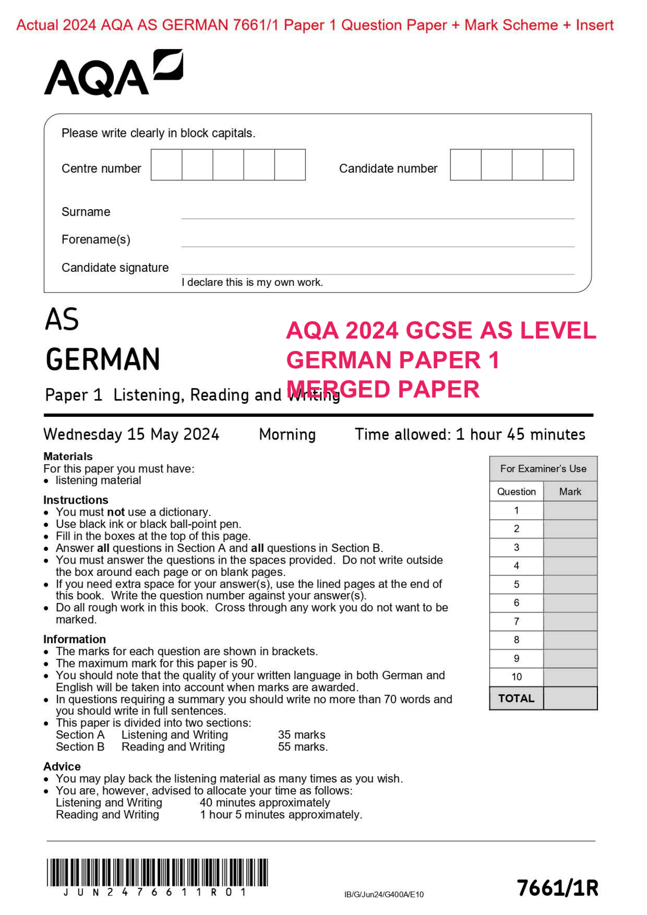Actual 2024 AQA AS GERMAN 7661/1 Paper 1 Question Paper + Mark Scheme ...