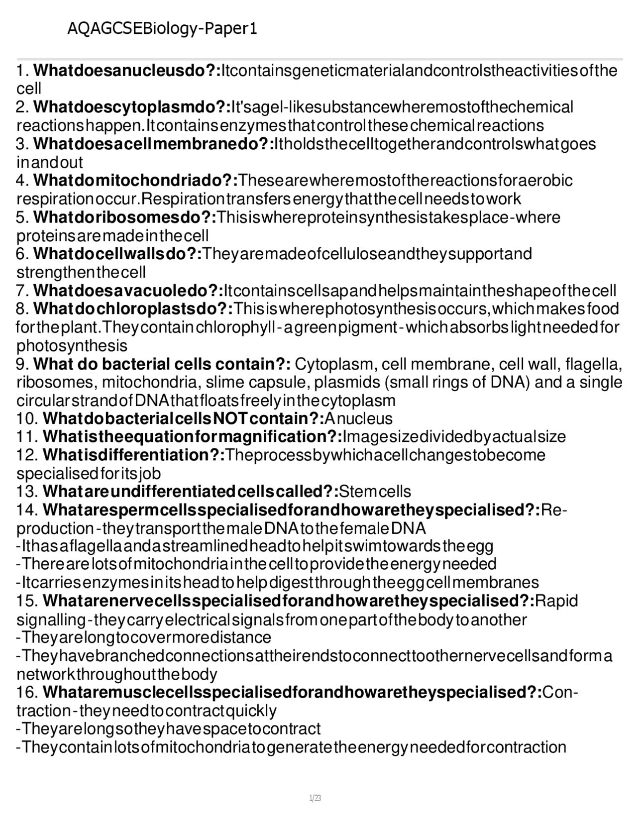 AQA GCSE Biology - Paper 1 questions and solutions | Exams Nursing ...