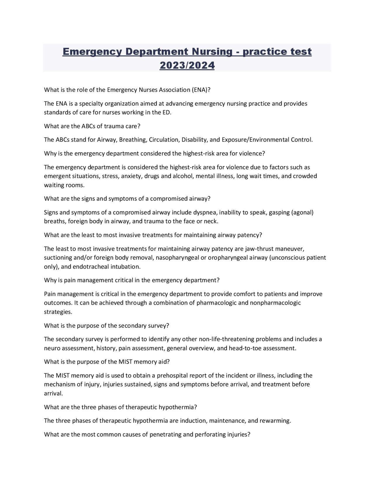 Emergency Department Nursing Practice Test: Questions and Answers ...