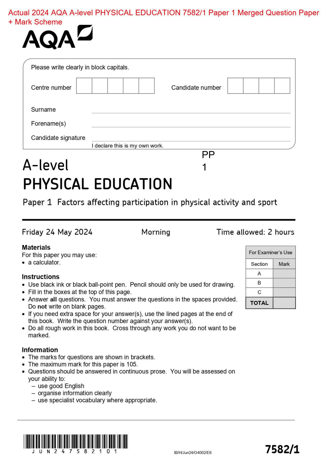 Actual 2024 AQA A-level PHYSICAL EDUCATION 7582/1 Paper 1 Merged ...