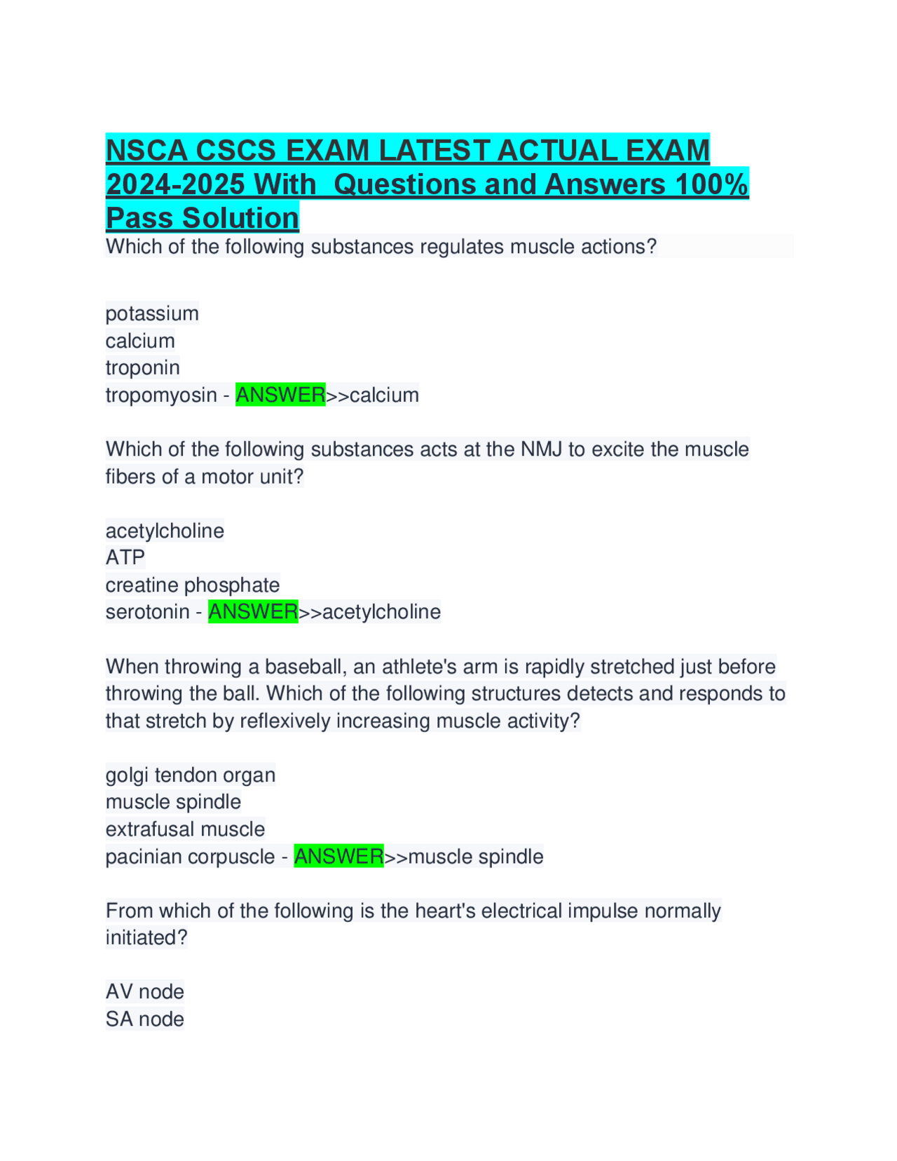 NSCA CSCS Exam: Questions and Answers for Exercise Physiology | Exams ...