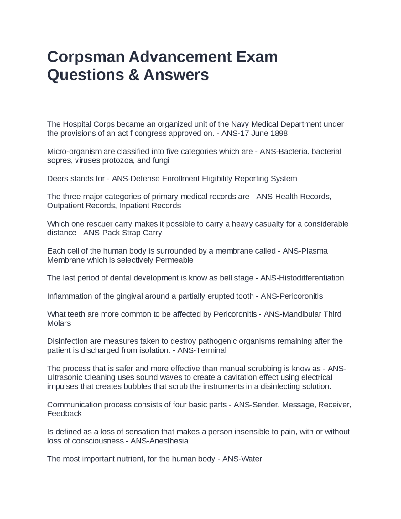 Corpsman Advancement Exam: Questions and Answers for Medical ...