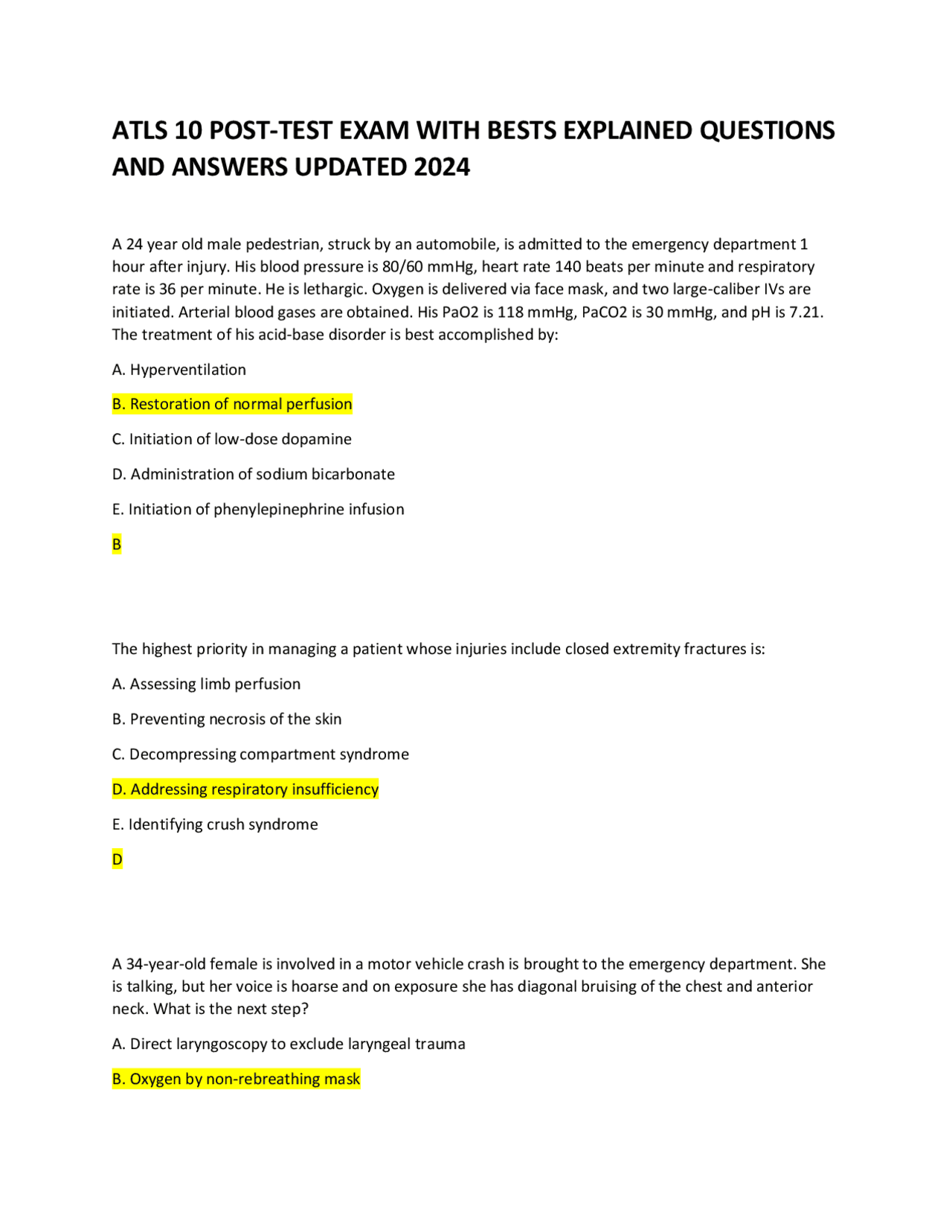 ATLS 10 POST-TEST EXAM WITH BESTS EXPLAINED QUESTIONS AND ANSWERS ...