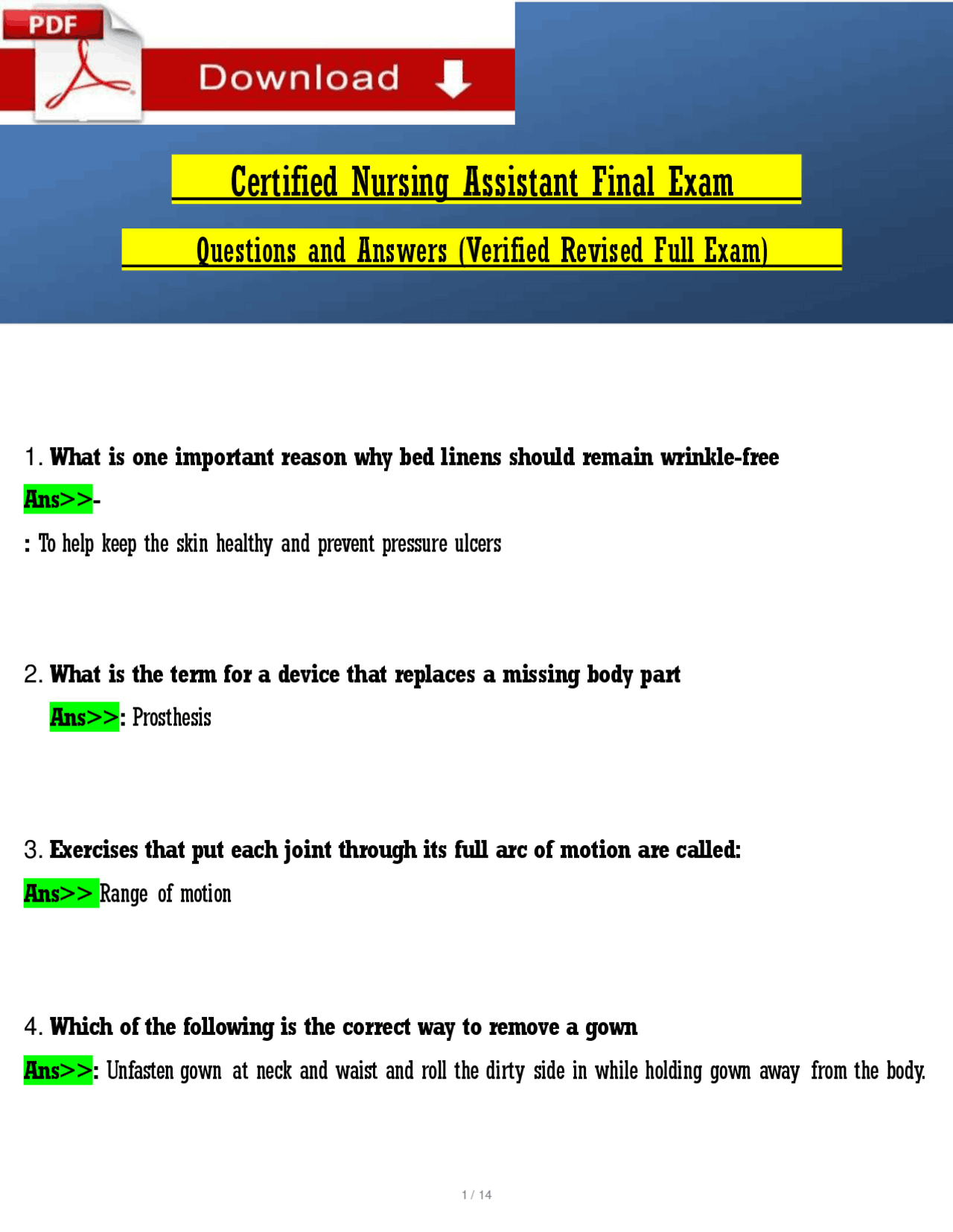 Certified Nursing Assistant Final Exam Questions and Answers (Verified ...