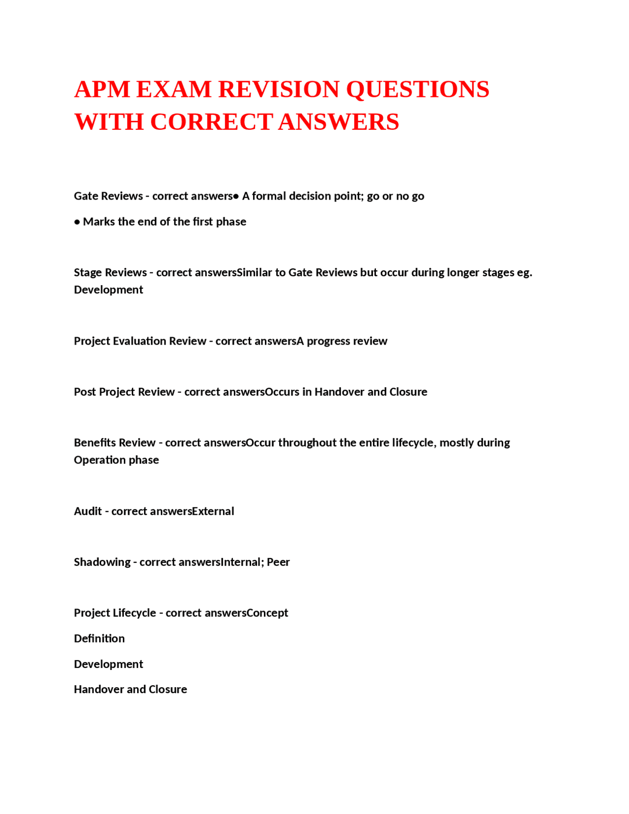 APM EXAM REVISION QUESTIONS WITH CORRECT ANSWERS. | Exams Management ...