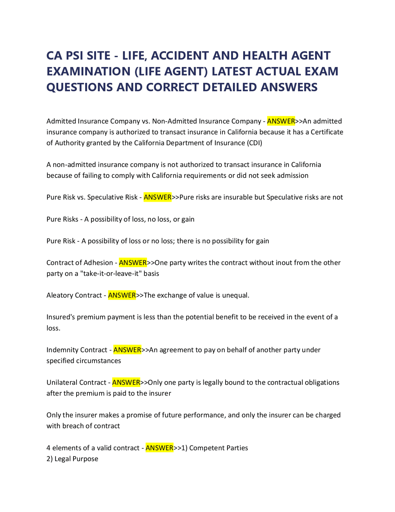 CA PSI SITE - LIFE, ACCIDENT AND HEALTH AGENT EXAMINATION (LIFE AGENT ...