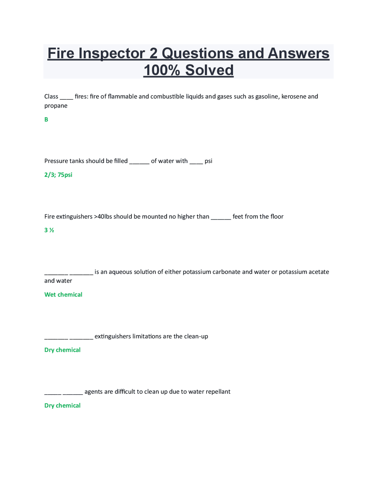 Fire Inspector Exam Questions and Answers | Exams Nursing | Docsity