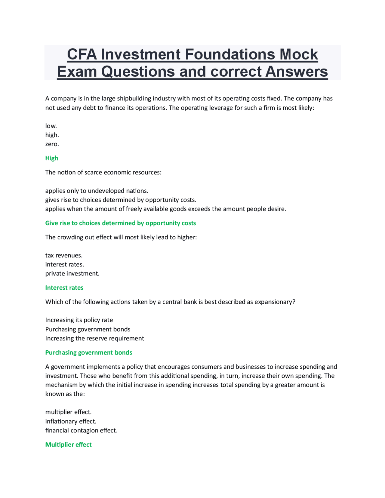 CFA Investment Foundations Mock Exam Questions and correct Answers ...