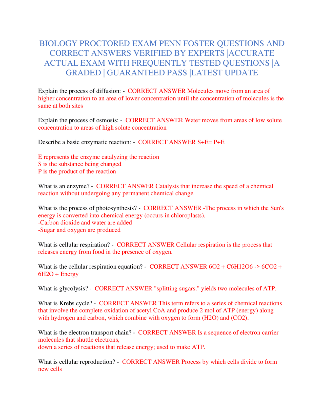 BIOLOGY PROCTORED EXAM PENN FOSTER QUESTIONS AND CORRECT ANSWERS ...