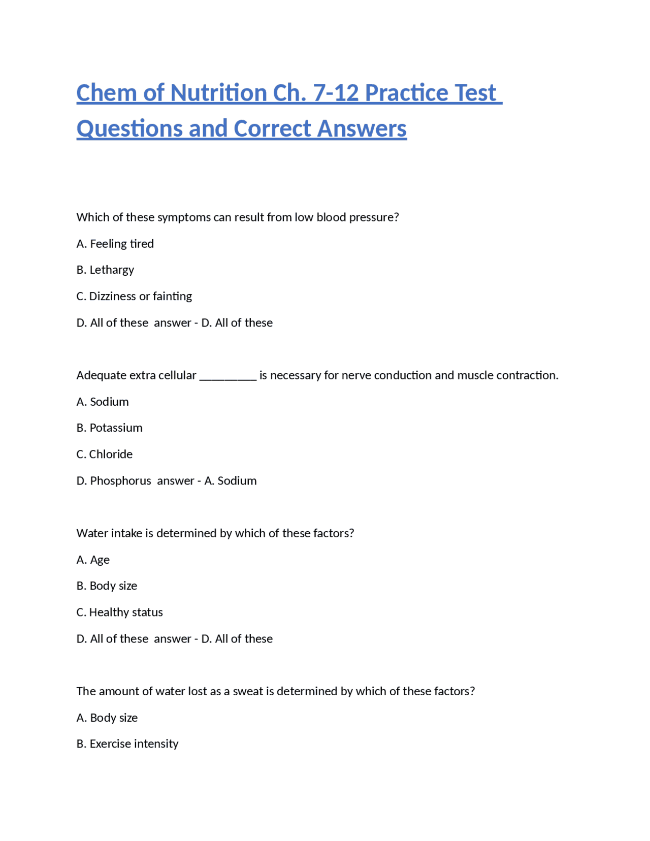Chemistry of Nutrition Practice Test: Questions and Answers | Exams ...