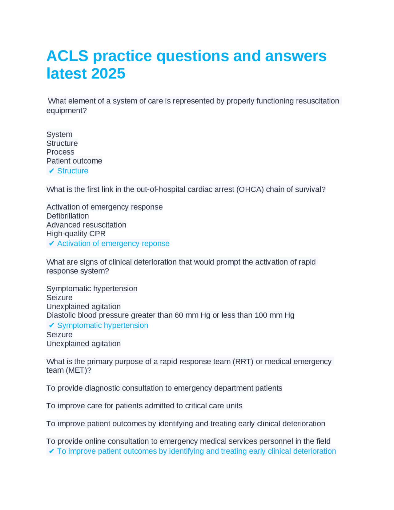 ACLS Practice Questions & Answers 2025: Advanced Cardiovascular Life ...