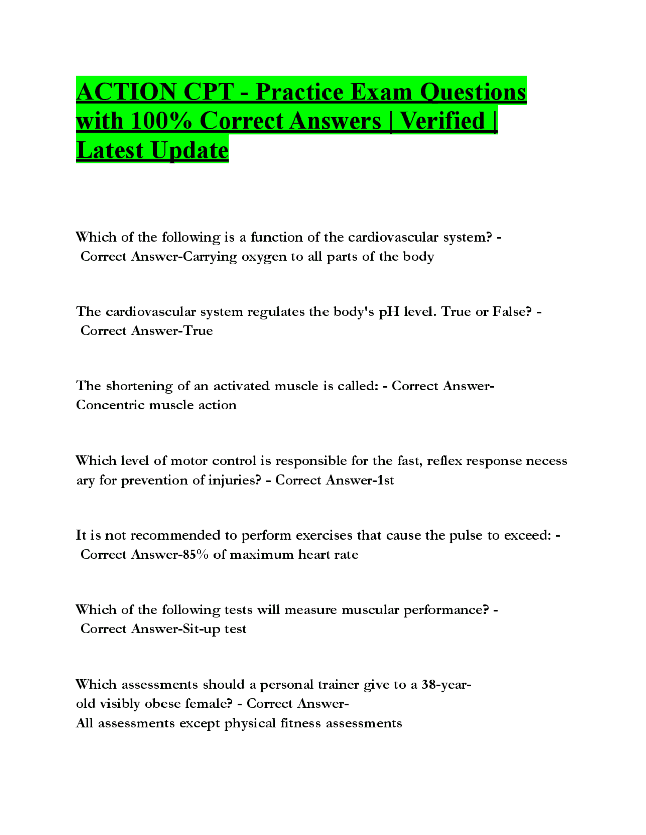 ACTION CPT - Practice Exam Questions with 100% Correct Answers ...