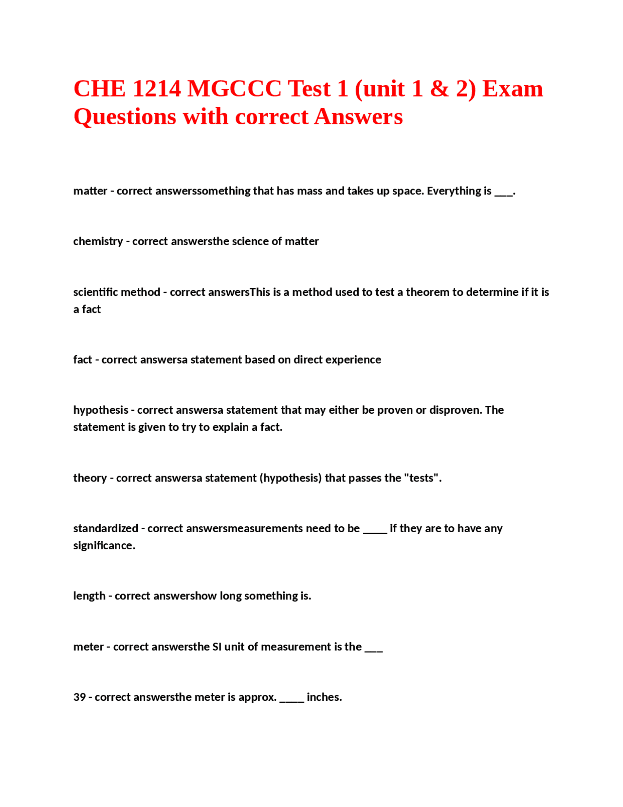 CHE 1214 MGCCC Test 1 (unit 1 & 2) Exam Questions with correct Answers ...