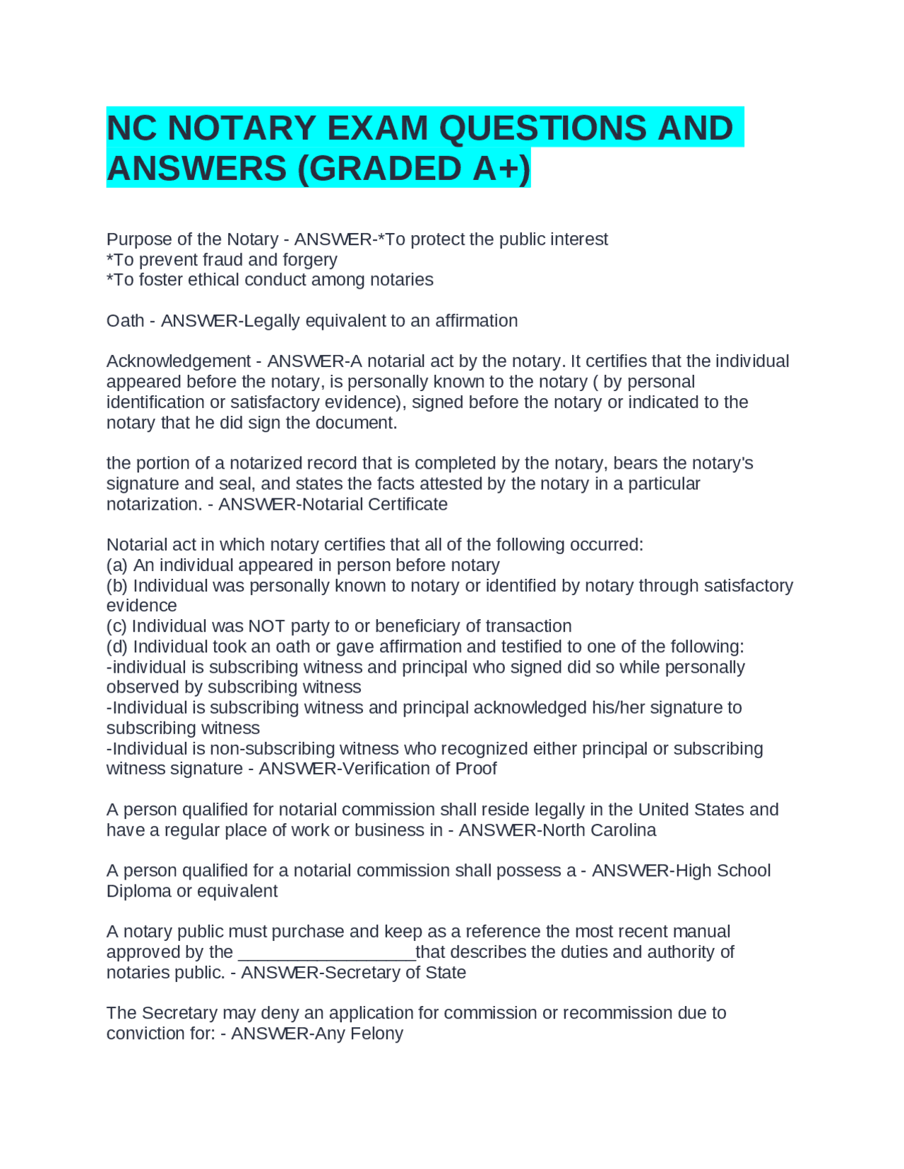 NC NOTARY EXAM QUESTIONS AND ANSWERS (GRADED A+) | Exams Law | Docsity