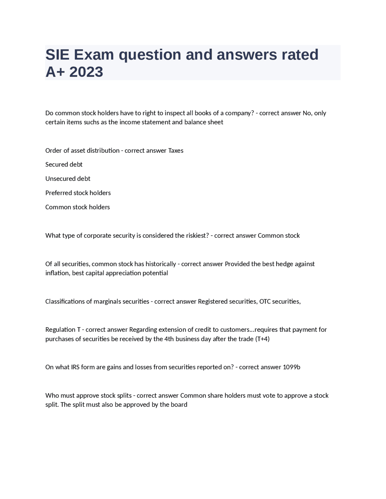 SIE Exam question and answers rated A | Exams Nursing | Docsity