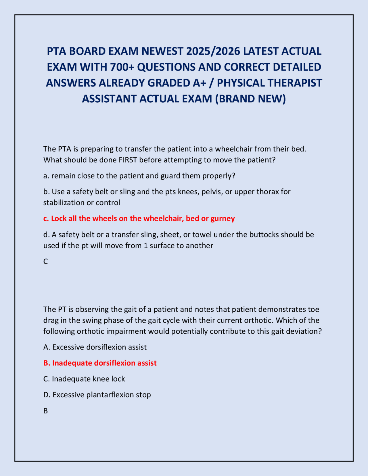 PTA BOARD EXAM NEWEST 2025/2026 LATEST ACTUAL EXAM WITH 700+ QUESTIONS ...