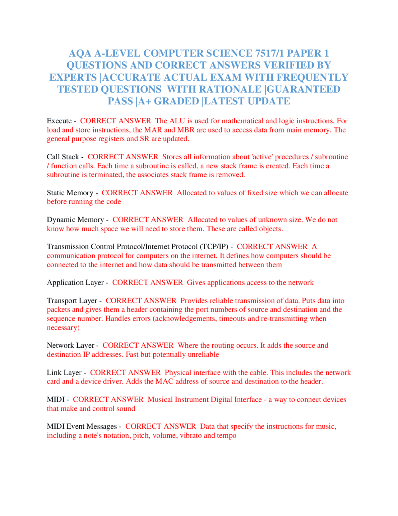 AQA A-LEVEL COMPUTER SCIENCE 7517/1 PAPER 1 QUESTIONS AND CORRECT ANSWERS. | Exams Nursing | Docsity