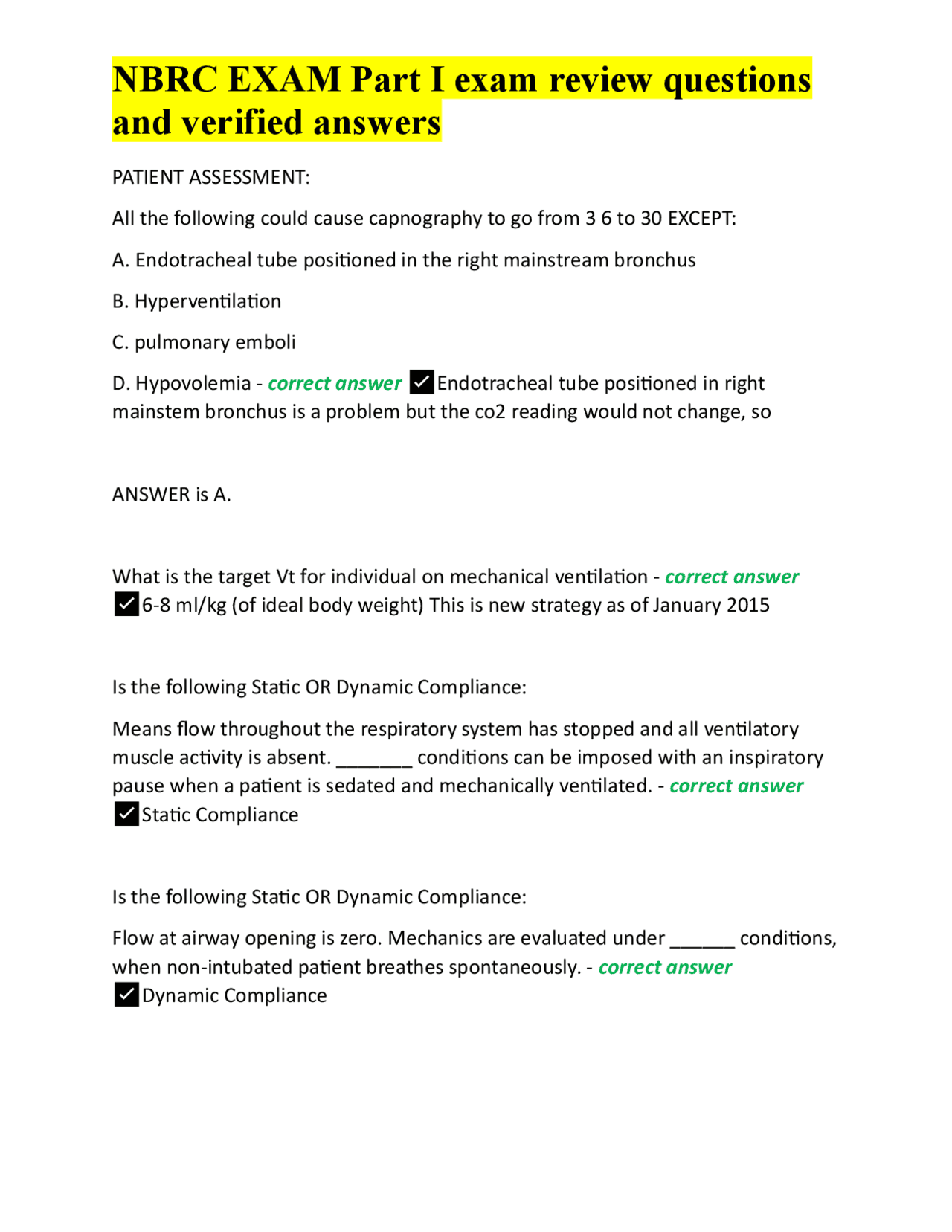 NBRC Exam Part I Review Questions and Answers: Respiratory Therapy ...