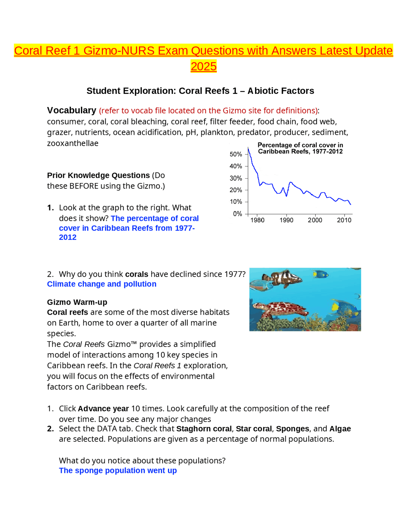 Coral Reef 1 Gizmo-NURS Exam Questions with Answers Latest Update 2025 ...