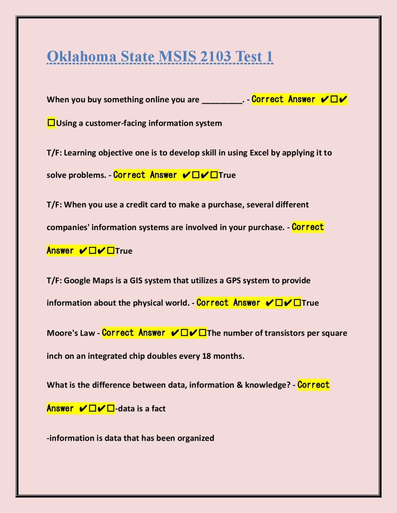 Oklahoma State MSIS 2103 Test 1 Exam Questions With Well Researched ...