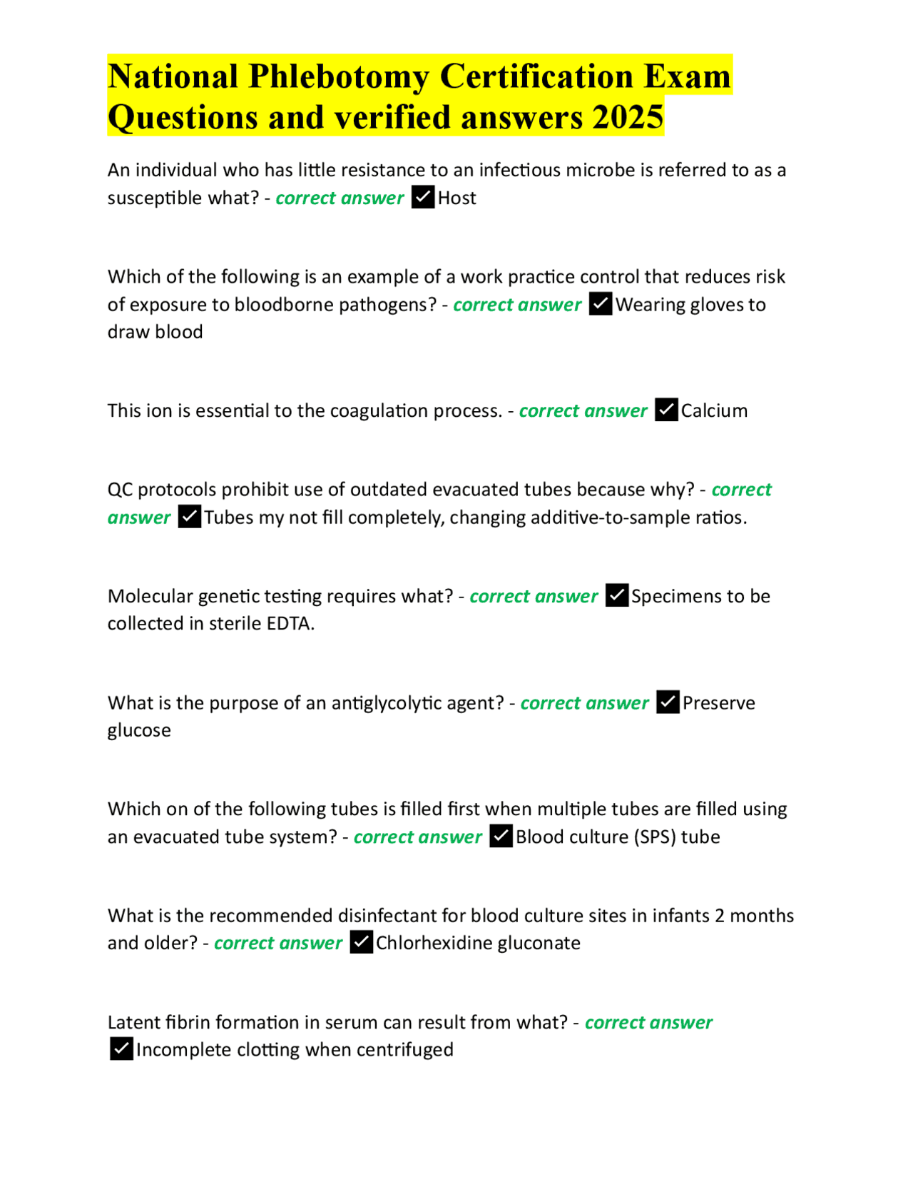 National Phlebotomy Certification Exam Questions and Answers 2025 ...