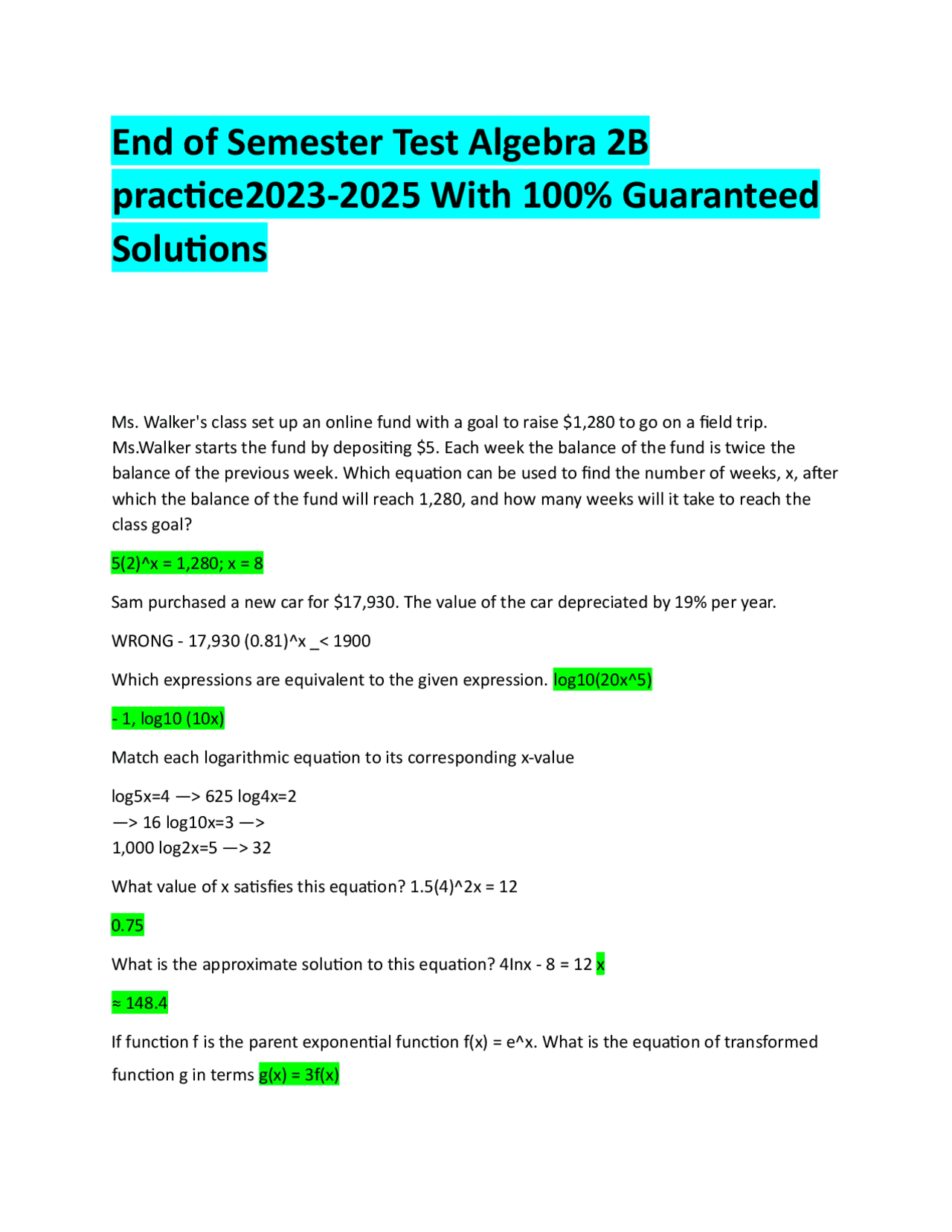 End of Semester Test Algebra 2B practice2023-2025 With 100% Guaranteed ...