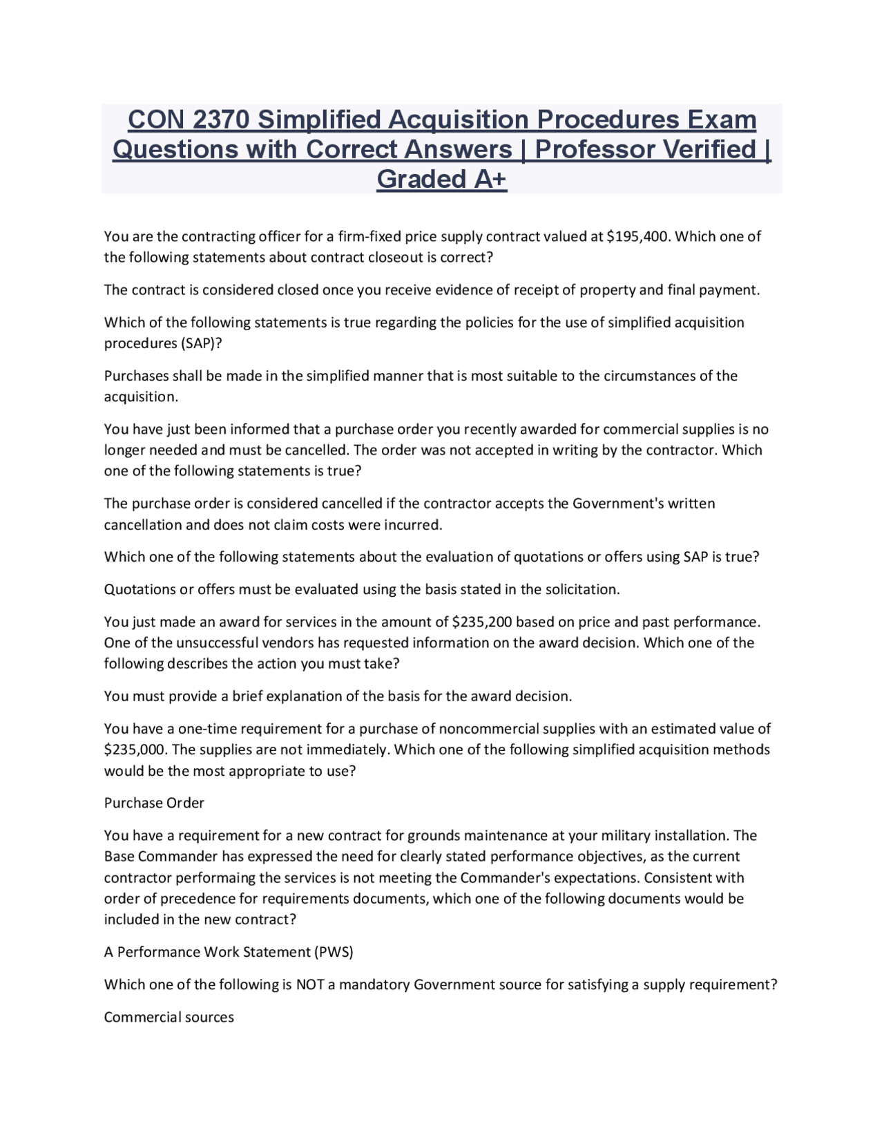 CON 2370 Simplified Acquisition Procedures Exam Questions with Correct ...
