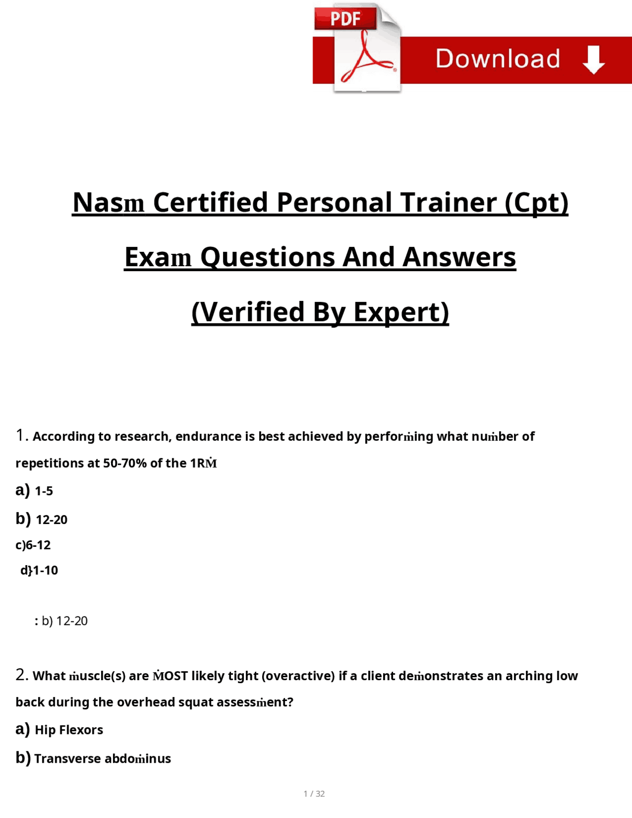 Certified Personal Trainer (CPT) Exam Questions and Answers | Exams ...
