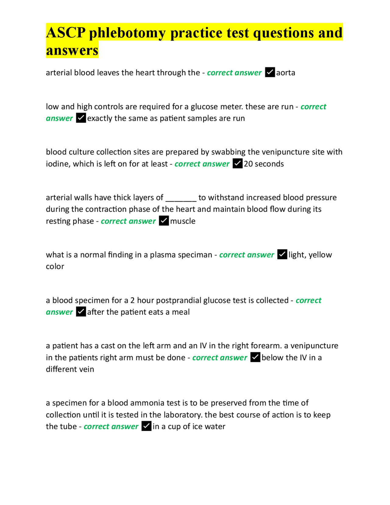 ASCP phlebotomy practice test questions and answers. | Exams Nursing ...
