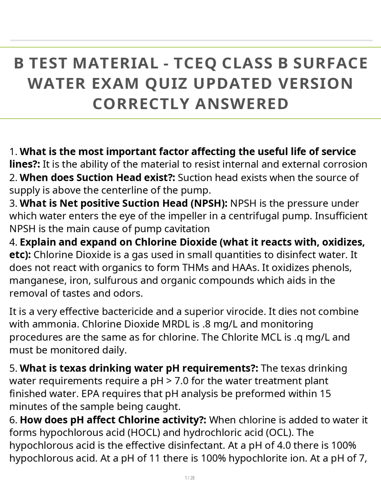 B TEST MATERIAL - TCEQ CLASS B SURFACE WATER EXAM QUIZ UPDATED VERSION ...