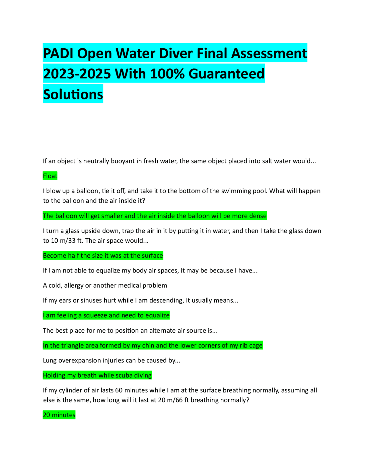 PADI Open Water Diver Final Assessment 2023-2025 With 100% Guaranteed ...
