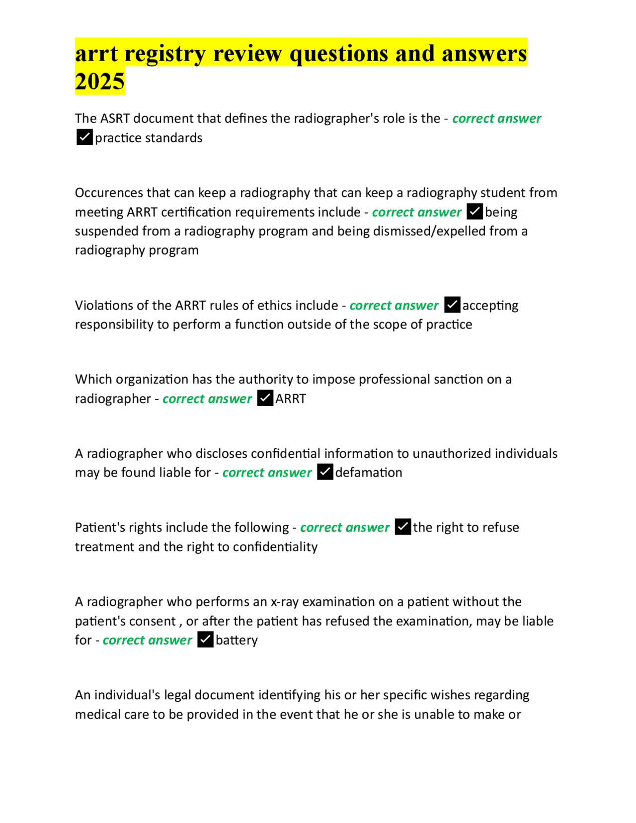 arrt registry review questions and answers 2025. | Exams Nursing | Docsity