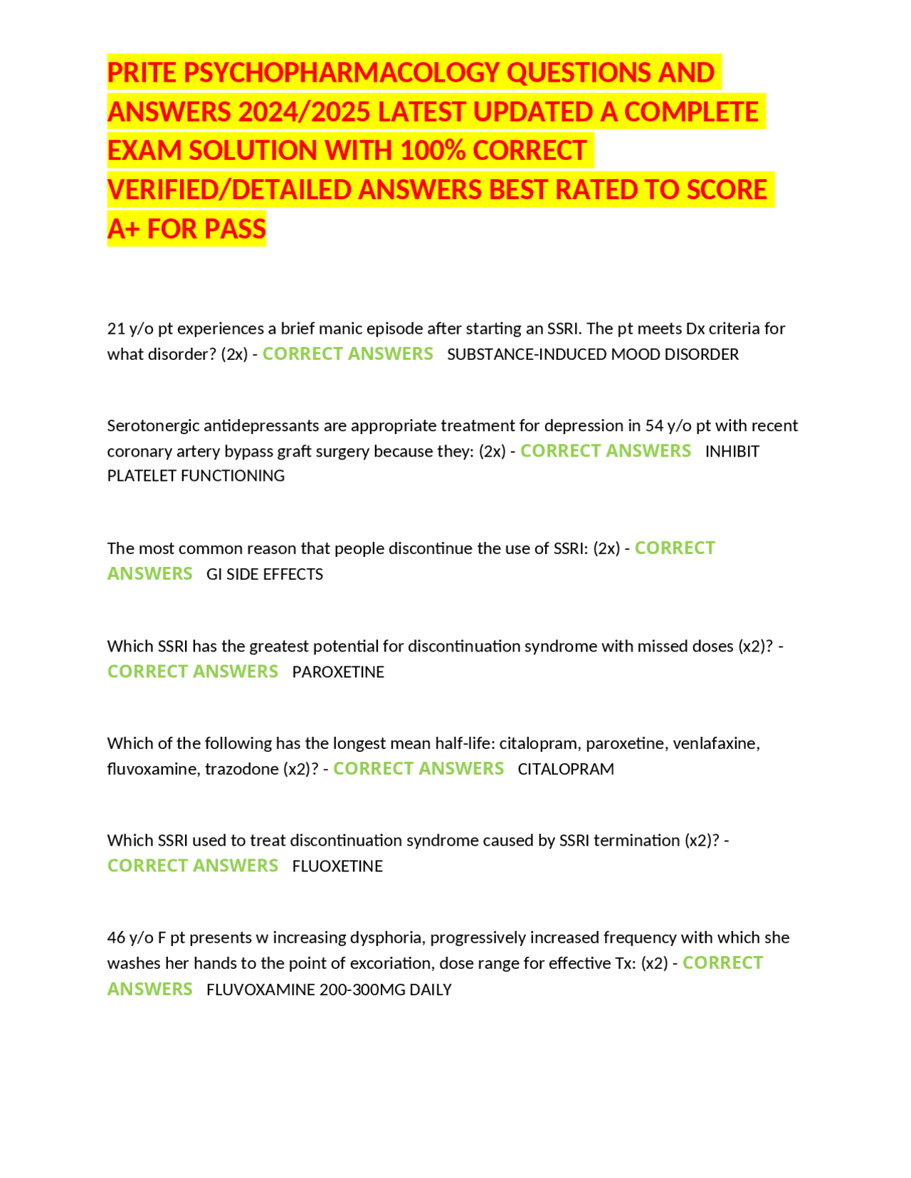 PRITE PSYCHOPHARMACOLOGY QUESTIONS AND ANSWERS 2024/2025 LATEST UPDATED ...