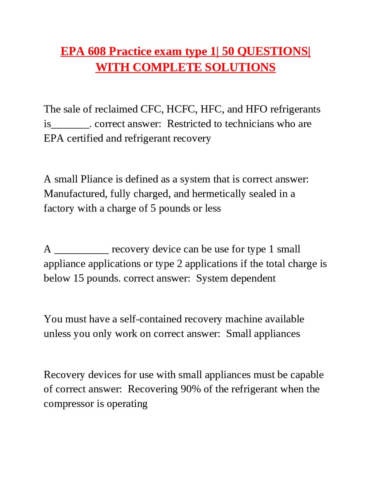 EPA 608 Practice exam type 1| 50 QUESTIONS| WITH COMPLETE SOLUTIONS ...
