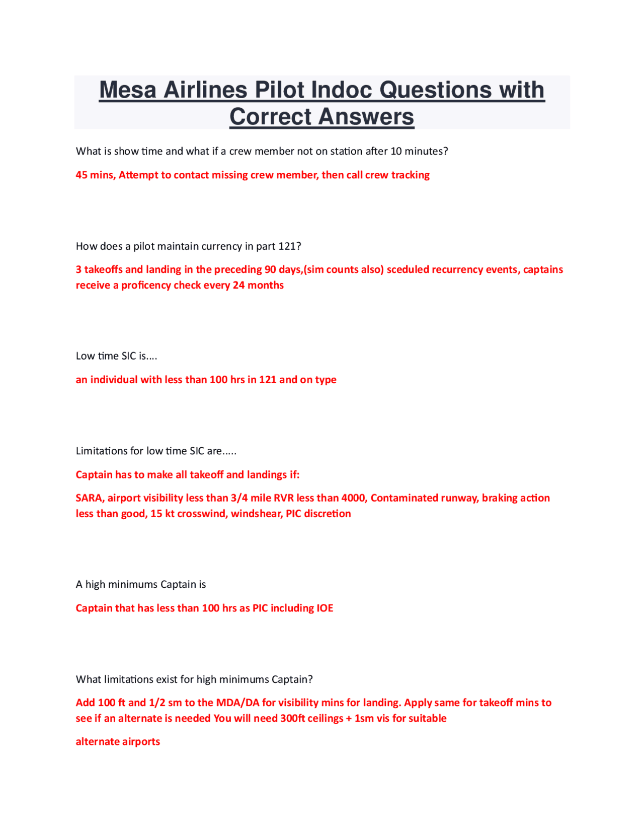 Mesa Airlines Pilot Indoc Questions with Correct Answers | Exams ...