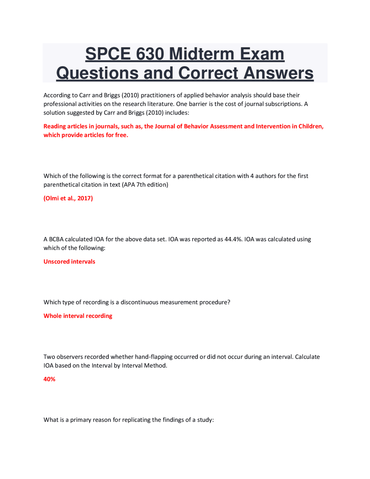 SPCE 630 Midterm Exam: Applied Behavior Analysis Questions and Answers ...