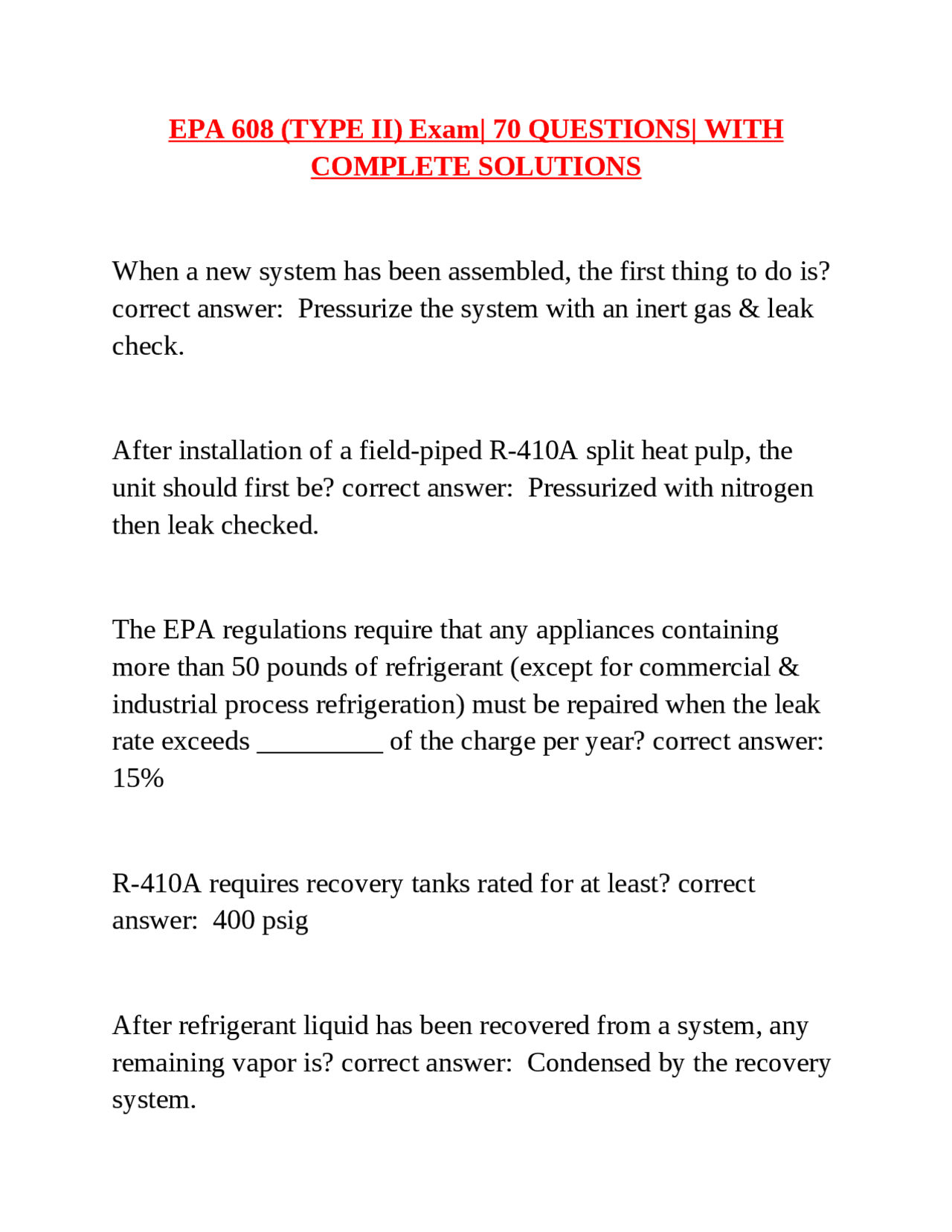 EPA 608 (TYPE II) Exam| 70 QUESTIONS| WITH COMPLETE SOLUTIONS | Exams ...