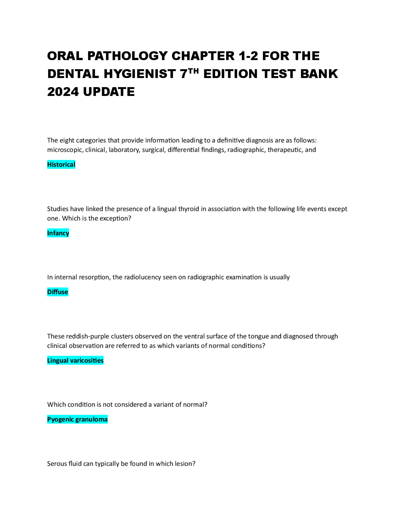 ORAL PATHOLOGY CHAPTER 1-2 FOR THE DENTAL HYGIENIST 7TH EDITION TEST ...