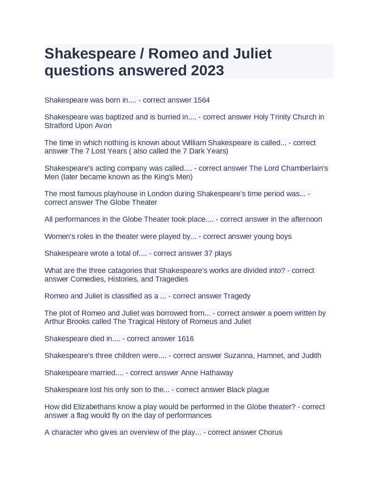 Shakespeare's Romeo and Juliet: A Comprehensive Q&A | Exams Nursing ...