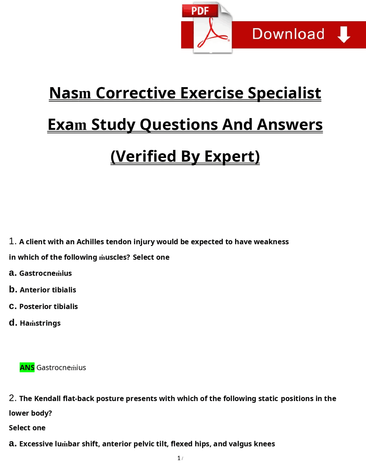 Corrective Exercise Specialist Exam: Study Questions and Answers ...