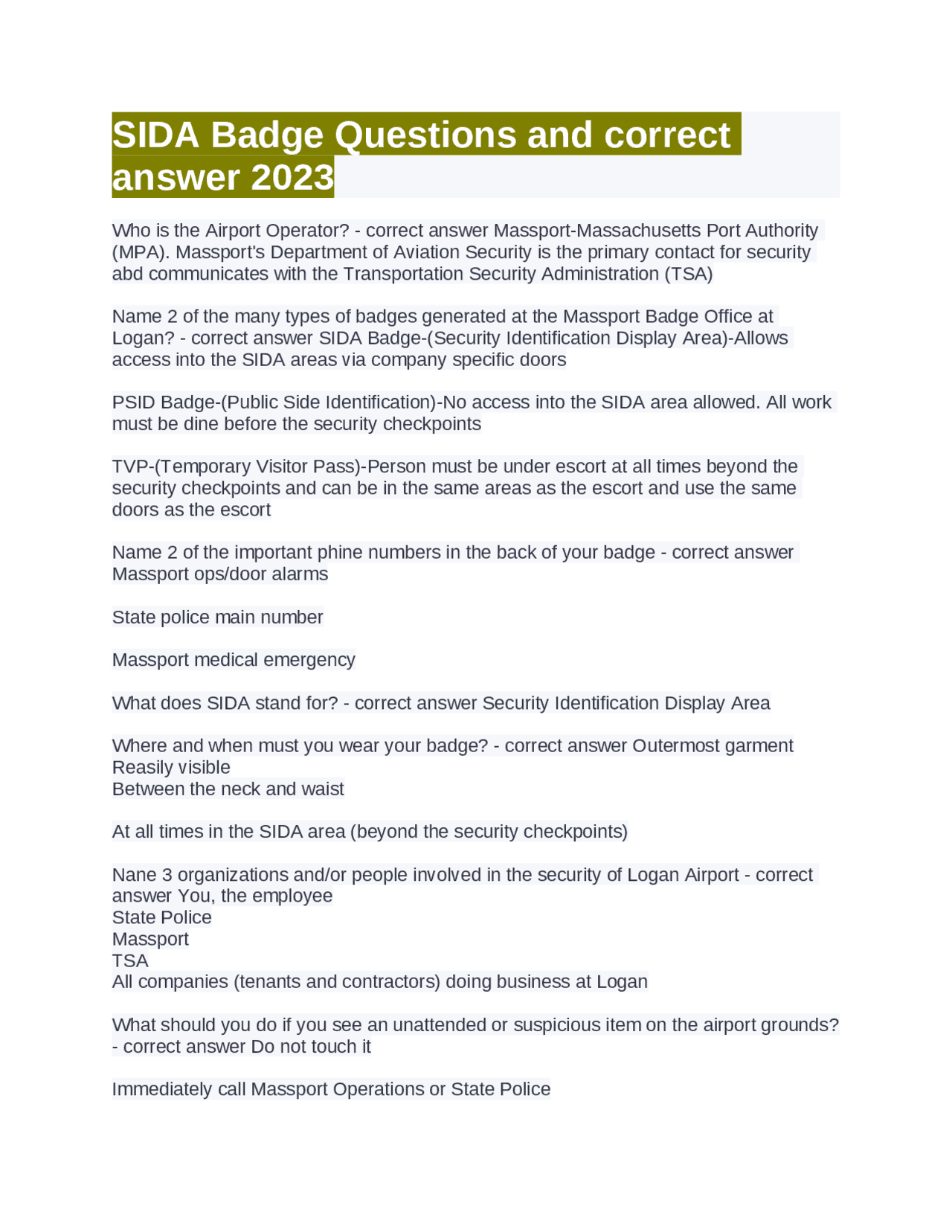 SIDA Badge Security Procedures at Logan Airport: Questions and Answers ...