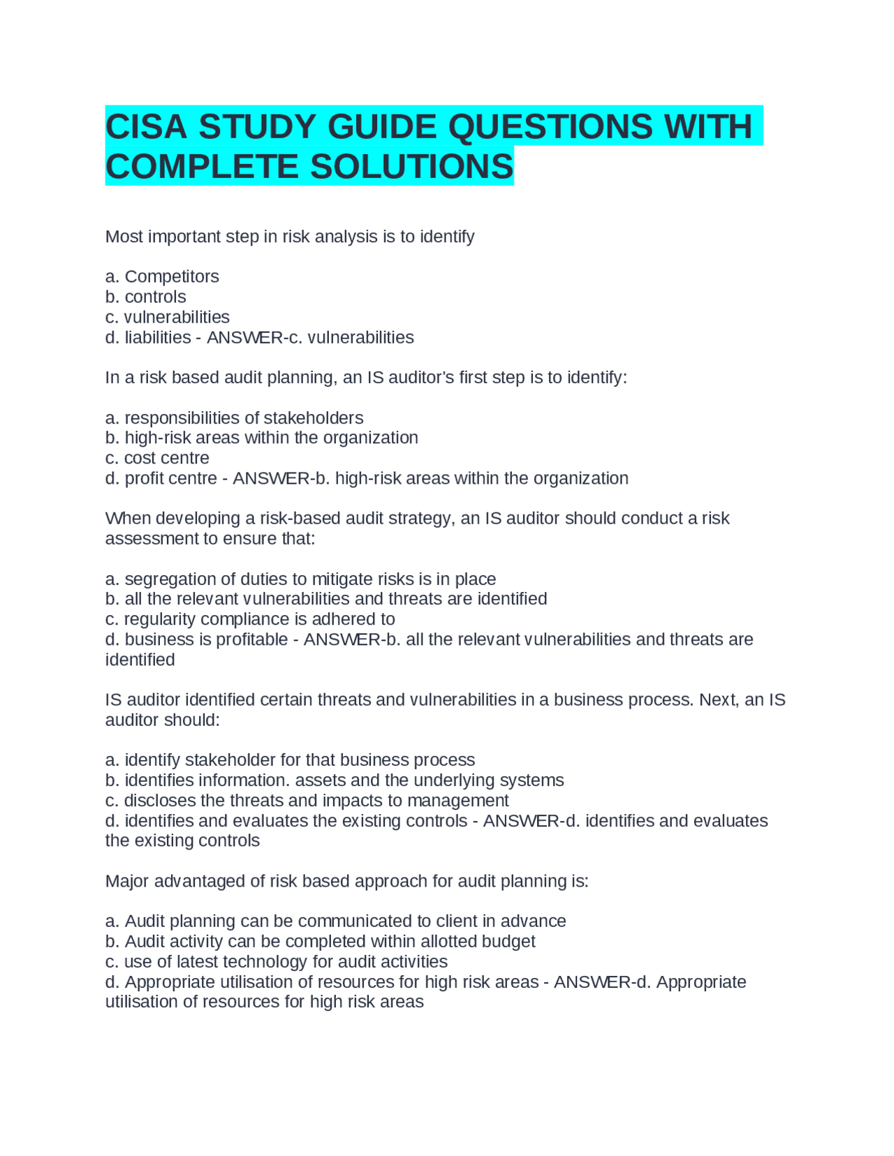 CISA STUDY GUIDE QUESTIONS WITH COMPLETE SOLUTIONS | Exams Auditing ...