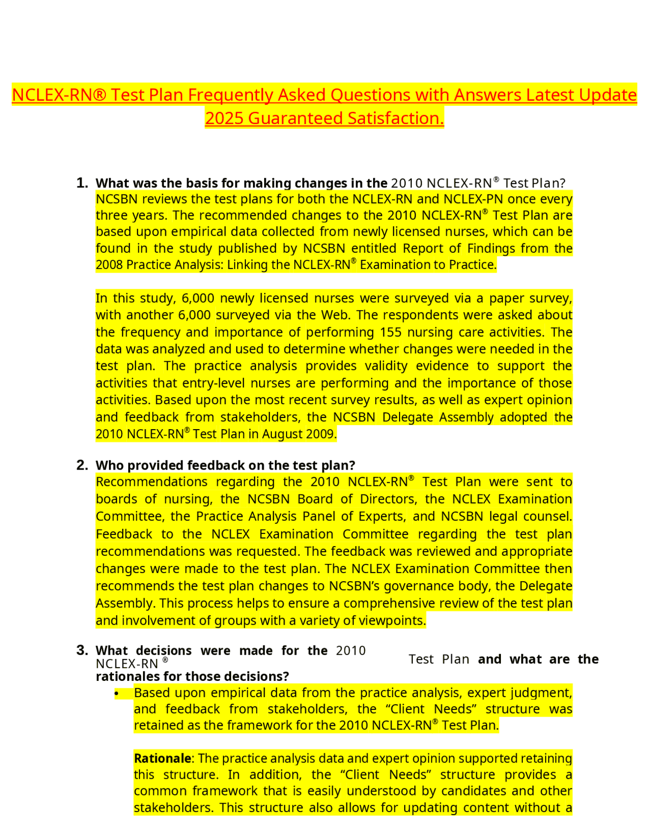 NCLEX-RN® Test Plan Frequently Asked Questions with Answers Latest ...