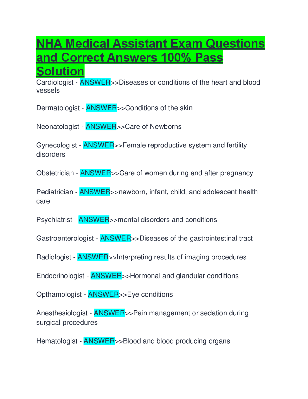 NHA Medical Assistant Exam Questions and Correct Answers 100% Pass ...