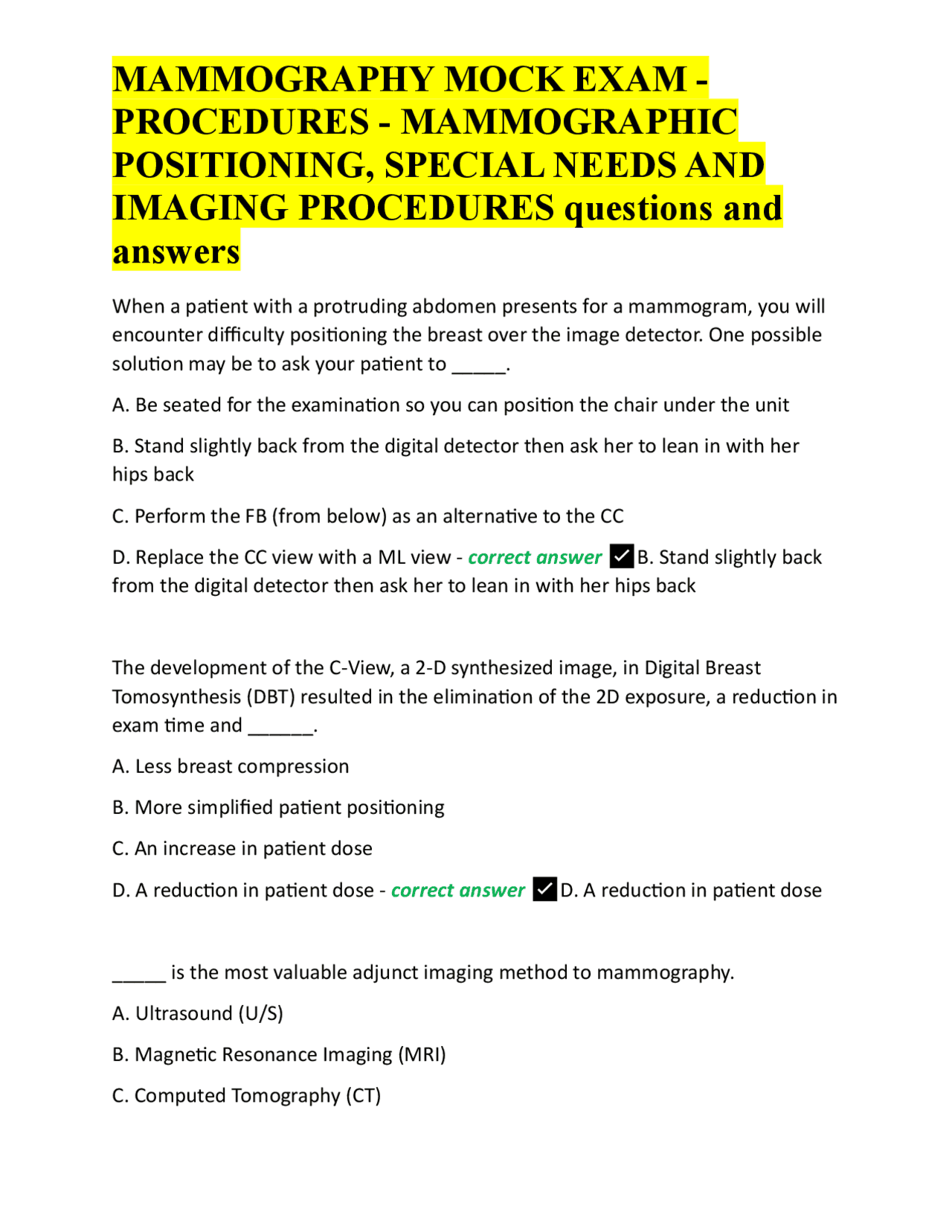 MAMMOGRAPHY MOCK EXAM - PROCEDURES - MAMMOGRAPHIC POSITIONING, SPECIAL ...