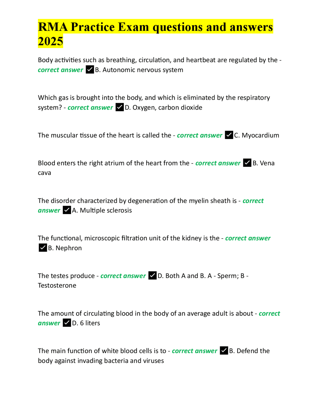 RMA Practice Exam questions and answers 2025. | Exams Nursing | Docsity