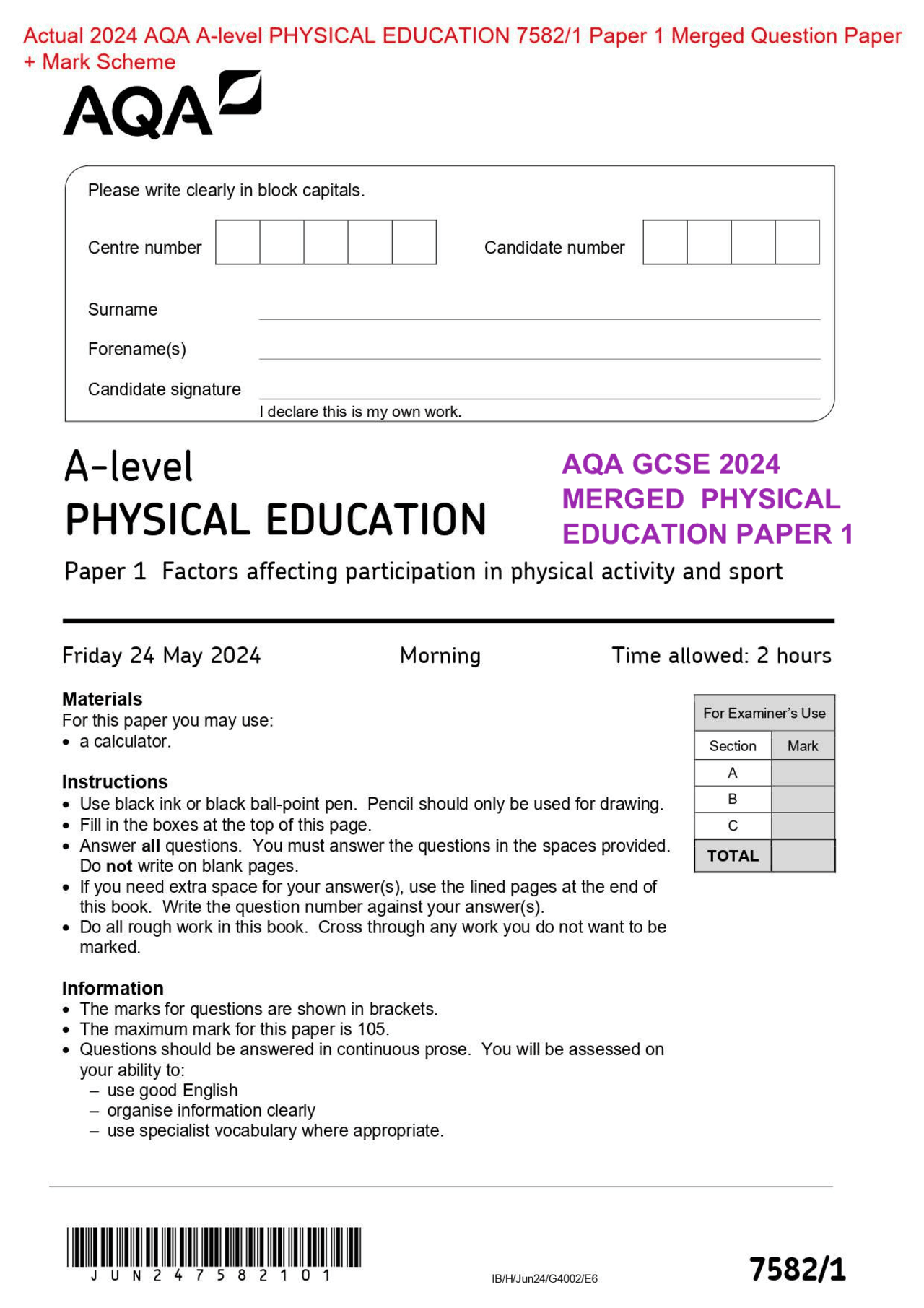 Actual 2024 AQA A-level PHYSICAL EDUCATION 7582/1 Paper 1 Merged ...