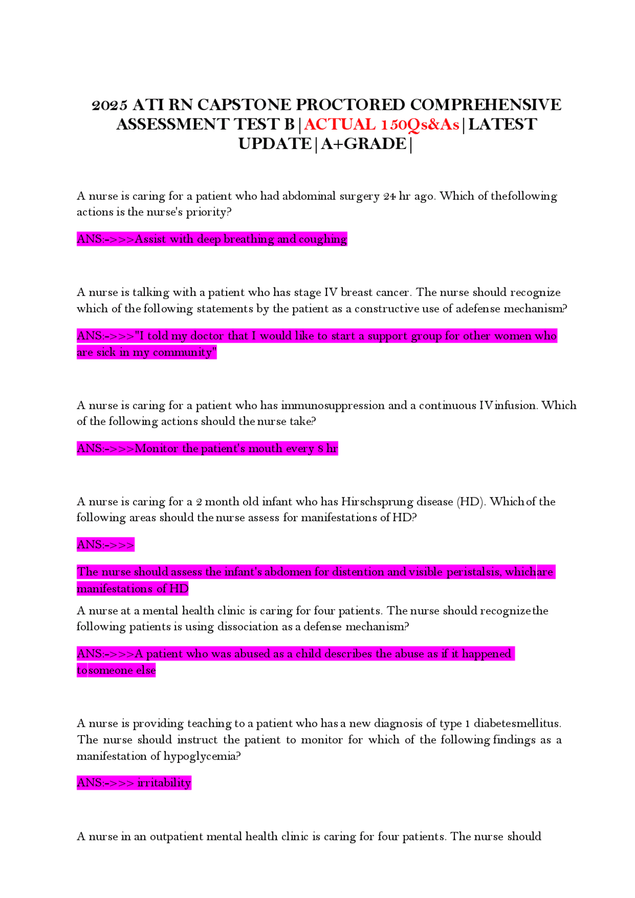 2025 ATI RN CAPSTONE PROCTORED COMPREHENSIVE ASSESSMENT TEST B|ACTUAL ...