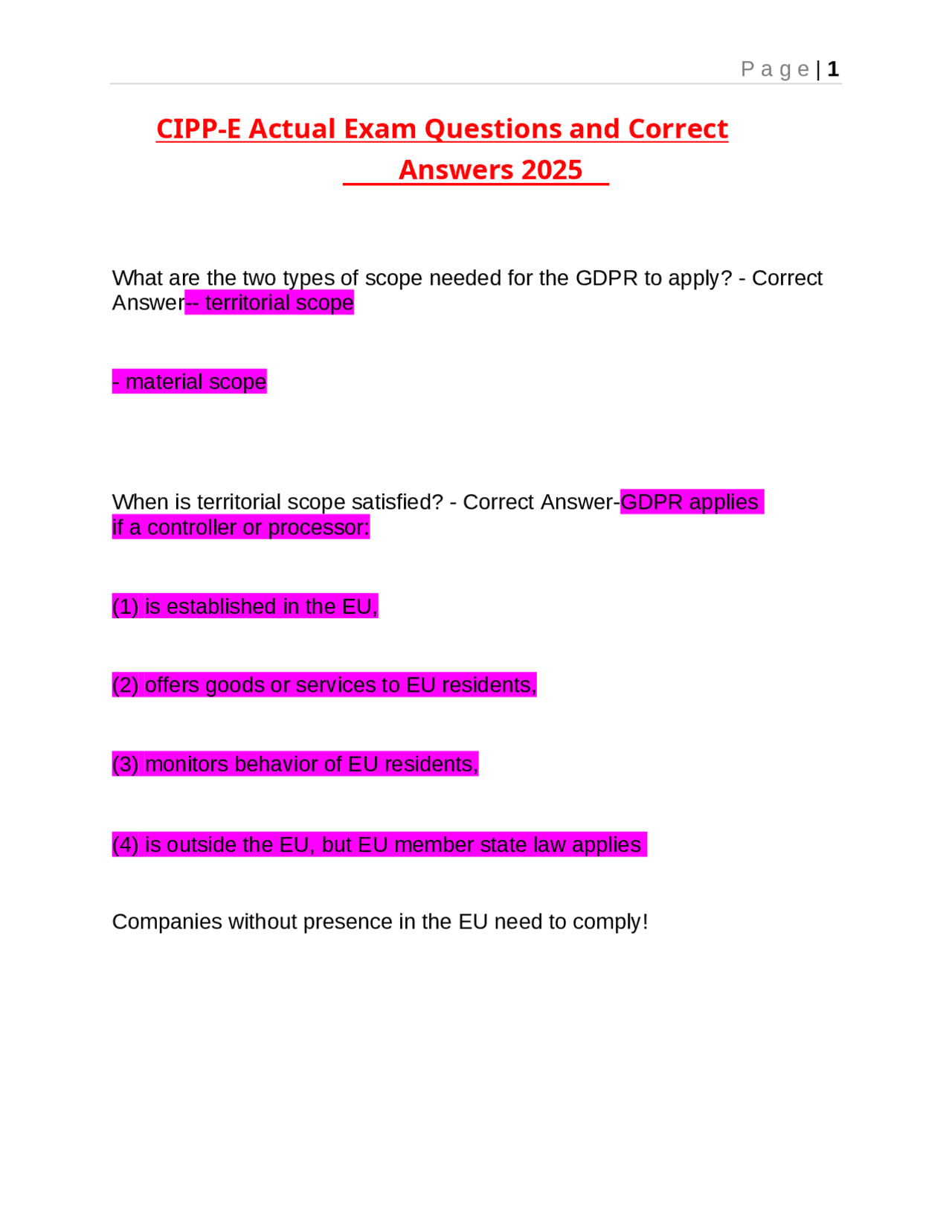 CIPP/E Actual Exam Questions and Correct Answers 2025 | Exams Nursing | Docsity